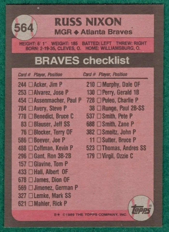 Russ Nixon - 1989 Topps #564 - Atlanta Braves Baseball Card | eBay