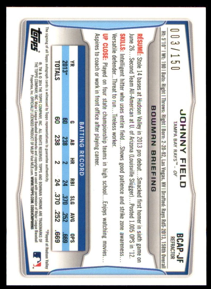 2014 Bowman Chrome Prospect Autographs Blue Refractors #BCAPJF Johnny ...