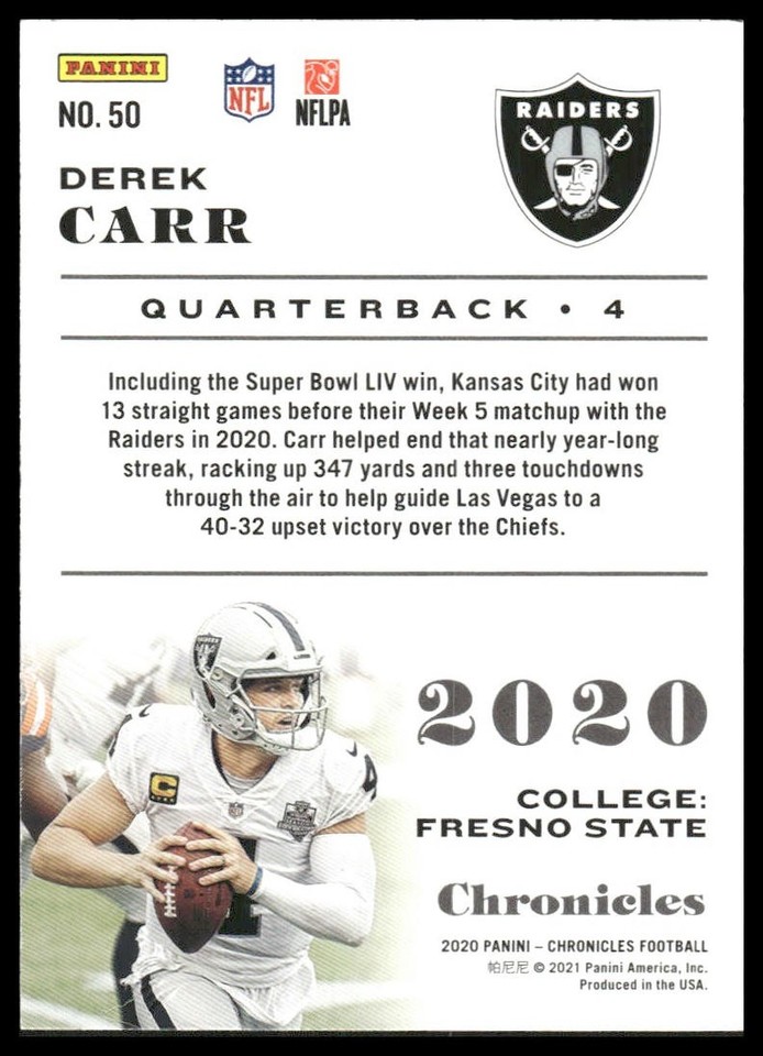 2020 Panini Chronicles #50 Derek Carr Las Vegas Raiders | eBay
