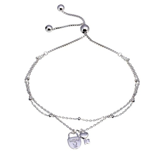 Sterling Silver Double Chain Lariat Bracelet with Dangling Lock & Key ...