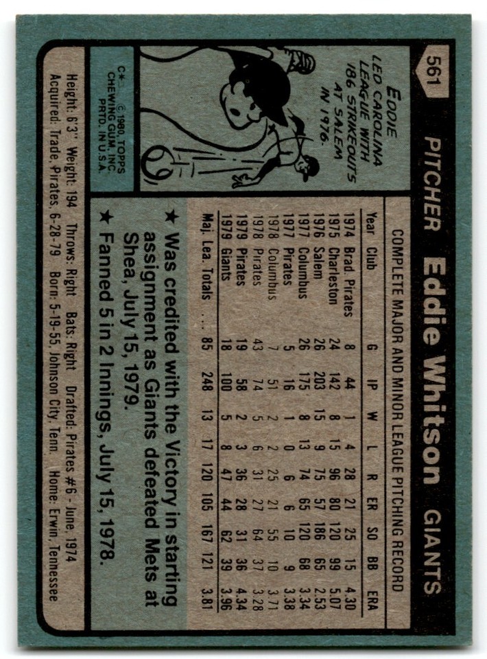 1980 Topps Eddie Whitson San Francisco Giants #561 | eBay