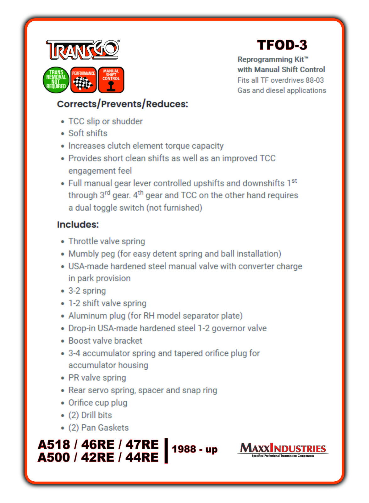 Transgo TFOD-3 Transmission Reprogramming Kit, Full Manual Control-Race ...