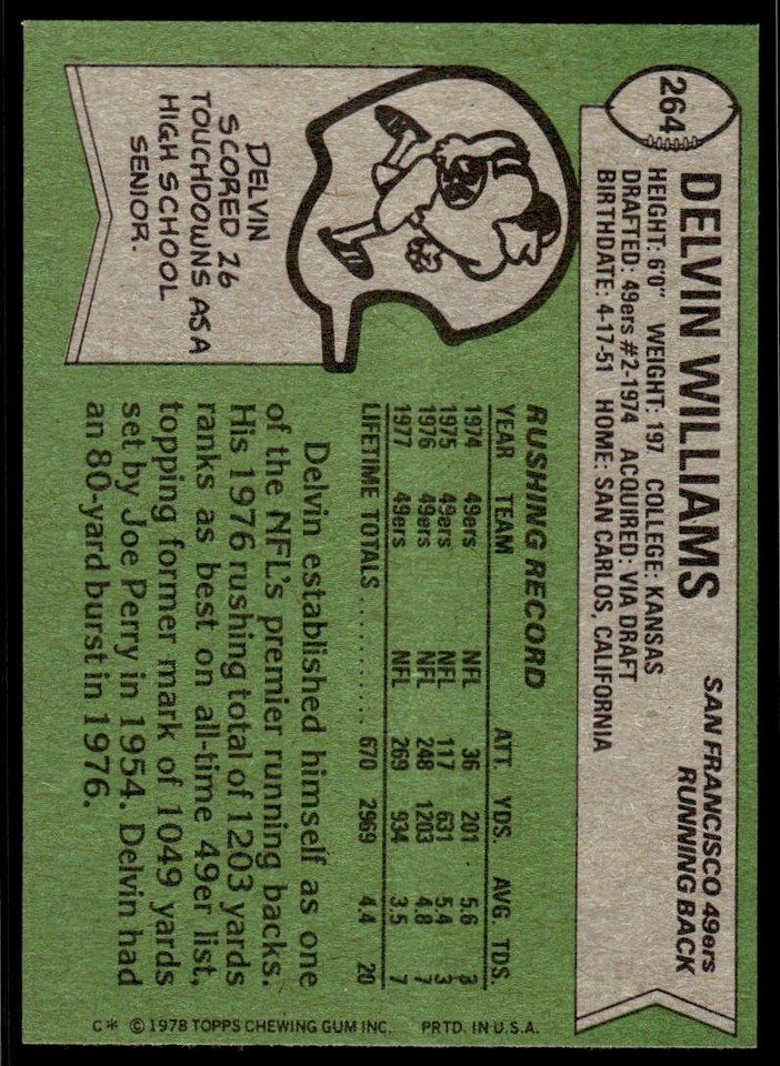 1978 TOPPS DELVIN WILLIAMS B SAN FRANCISCO 49ERS #264 | eBay