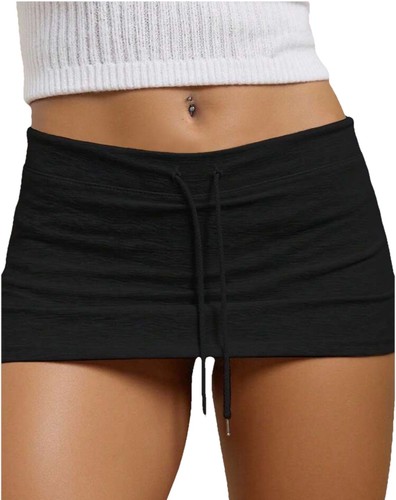 Raver Black Drawstring Low Rise Stretch Micro Mini Skort Skirt Going ...
