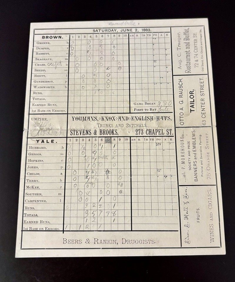 19th century 1883 Yale vs Brown college baseball PROGRAM SCORECARD RARE ...