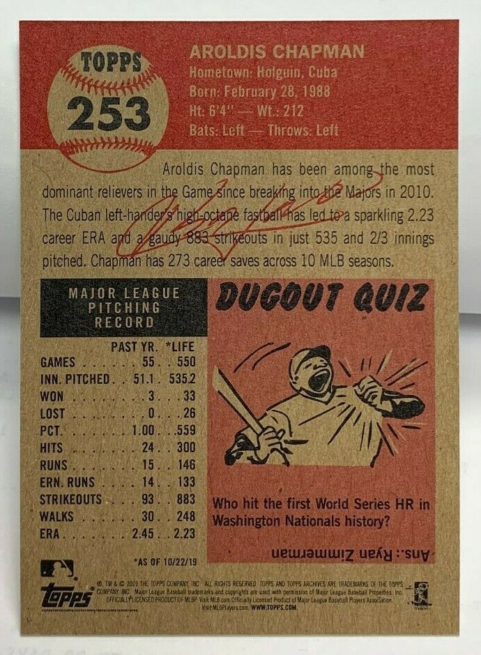 Aroldis Chapman 2019 Topps Baseball Living Set #253 - NEW YORK YANKEES ...