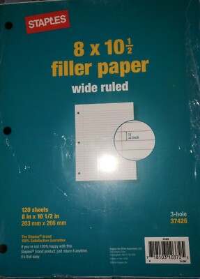 STAPLES 8inx10.5in Filler Paper Wide Ruled 120 Sheets 3-hole (37426) | eBay