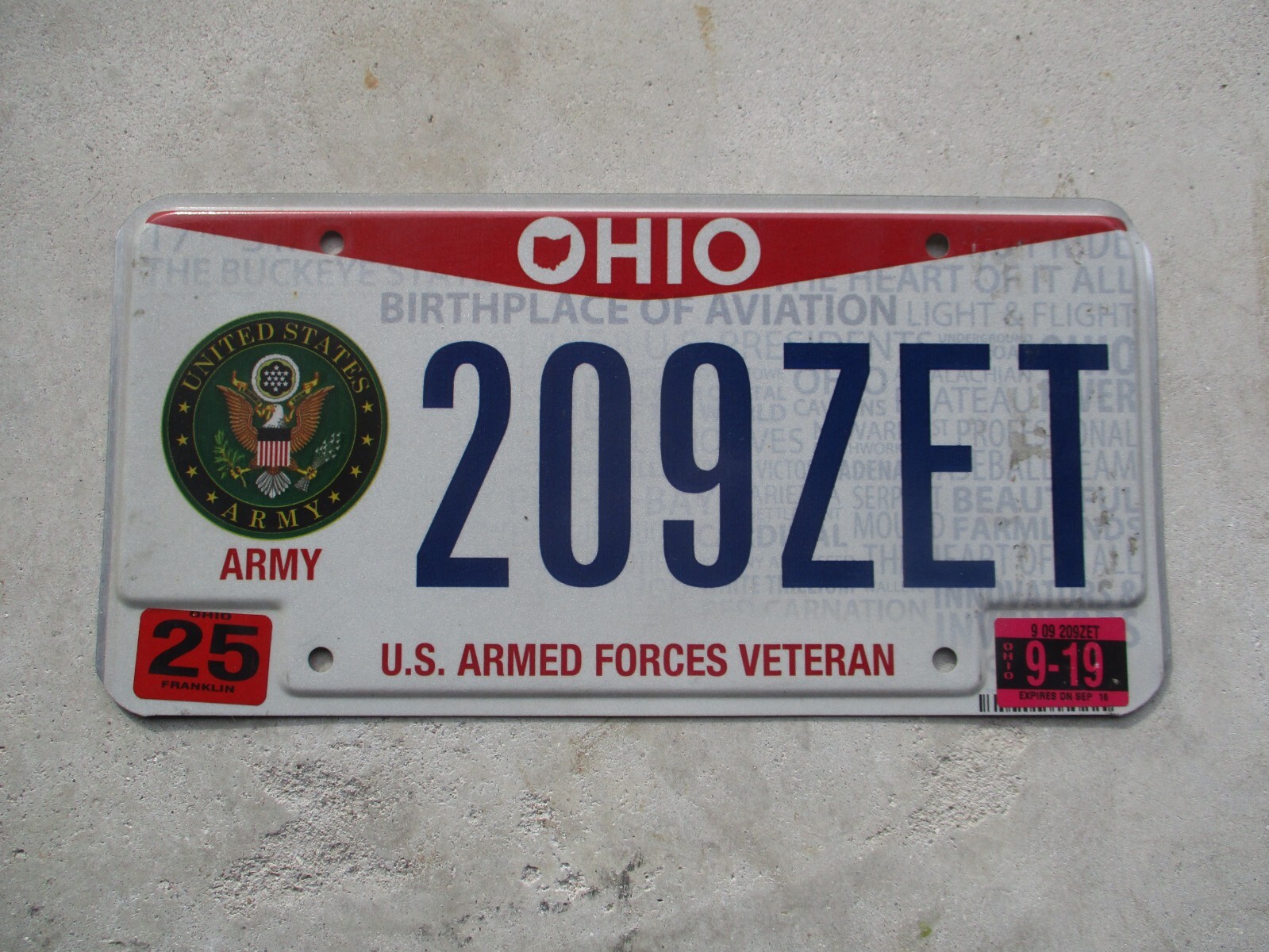 Ohio ARMY Veteran license plate # 209 ZET | eBay