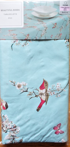 DUNELM BEAUTIFUL BIRDS DUCK EGG BLUE PVC ROUND TABLECLOTH 70" DIAMETER ...