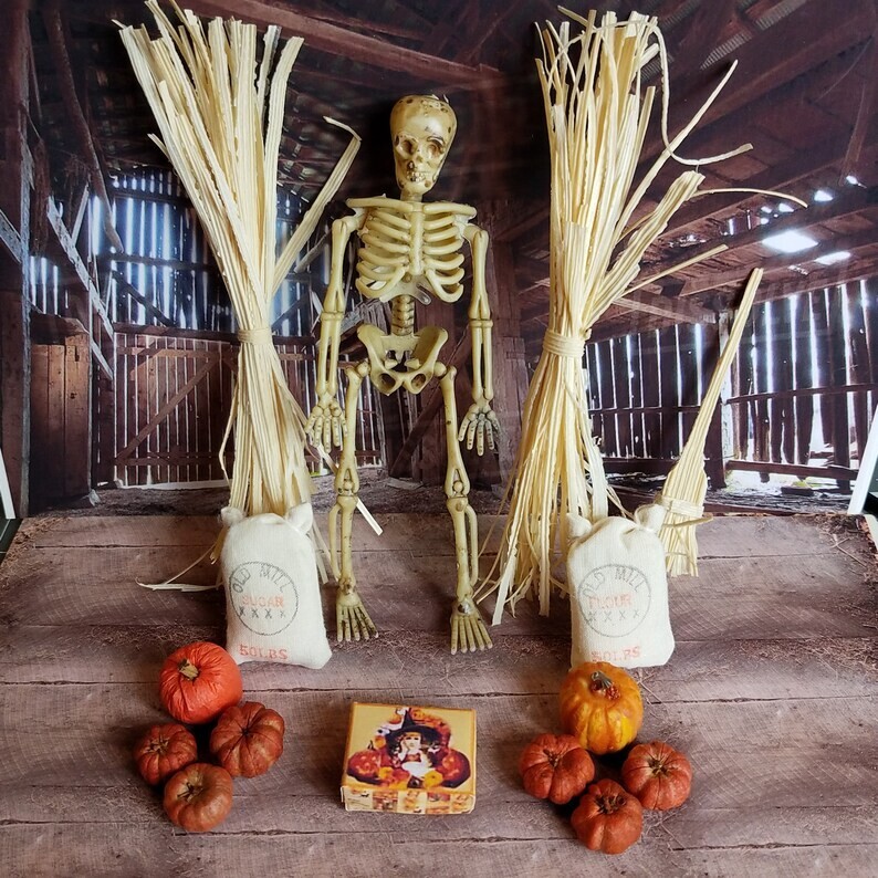 Miniature Halloween Skeleton Box Flour Sacks Broom Corn Stalks Pumpkins ...