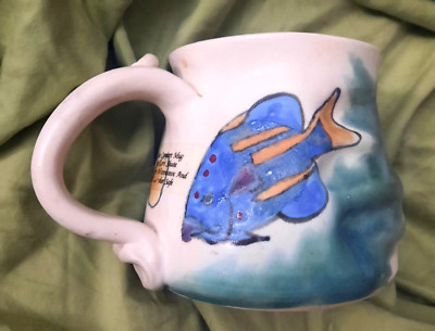 Coffee mug artist Lorri Shute art clay pottery comfort fish art blue ...