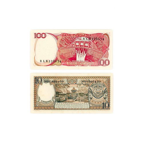 Set of 2 diff. Indonesia 10 Rup. 1958 P-56 and 100 Rup. 1984 P-122b Au ...