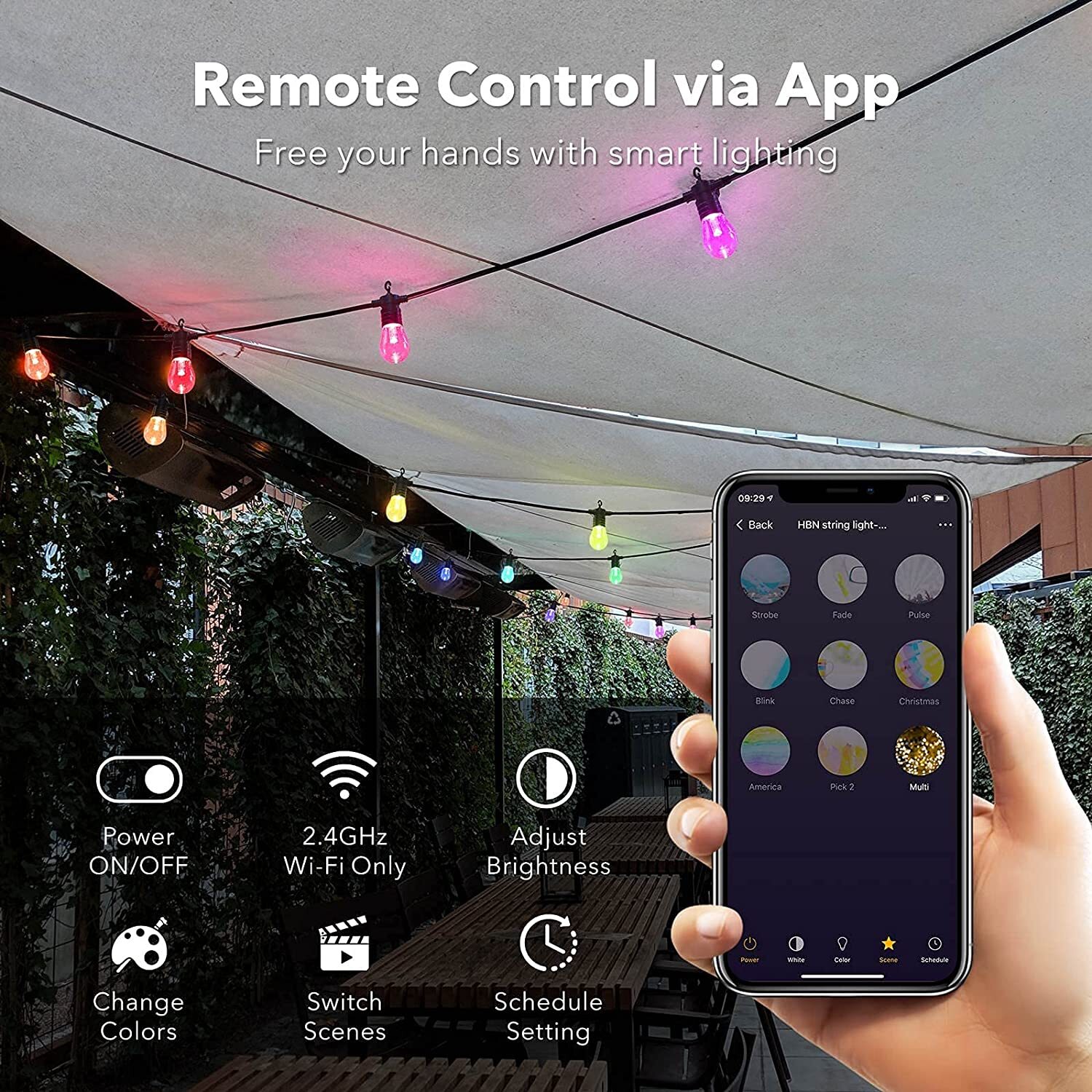 HBN 96FT Outdoor Patio Lights Smart LED RGBW String Lights 30 Bulbs ...