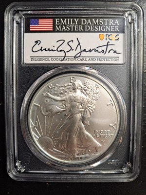 2023-W BURNISHED AMERICAN SILVER EAGLE PCGS SP70 EMILY DAMSTRA SIGNED ...