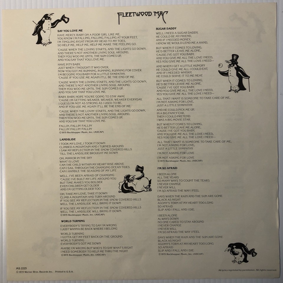 FLEETWOOD MAC Fleetwood Mac Vinyl LP + Lyrics Warner Bros. MS 2225 1975 ...