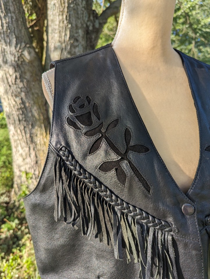 Vintage MOB Leather Motorcycle Vest Roses Fringe Tie Sides GUC Military ...