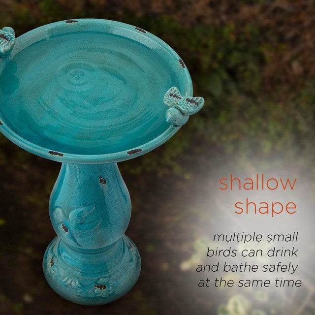 Alpine Outdoor Birdbath 25 in. Weather Resistant Ceramic Turquoise ...