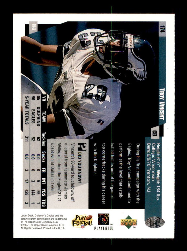 1997 Football Upper Deck Troy Vincent Philadelphia Eagles #174 | eBay