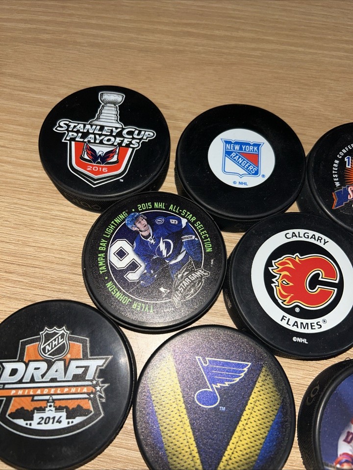 Lot Of 9 NHL Official Logo Hockey Pucks, Multiple team puck | eBay