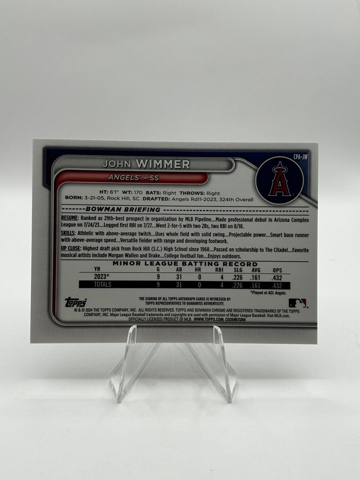 2024 Bowman Chrome John Wimmer Blue Refractor 1st Bowman Auto /150 ...