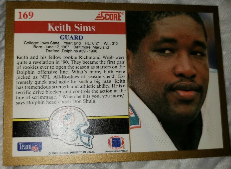 Vintage NEW Keith Sims 1991 Score Football Card MIAMI DOLPHINS IOWA ...