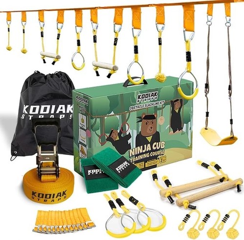 Ninja Warrior Monkey Bar Kit 50FT Kids Slackline Obstacle Course w/ 1 ...