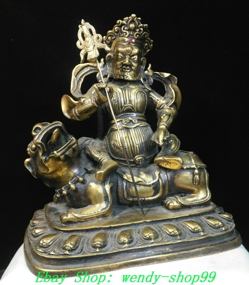 11.8"Old Tibet Bronze Buddhism Vaishravana On Lion Protector Deity ...