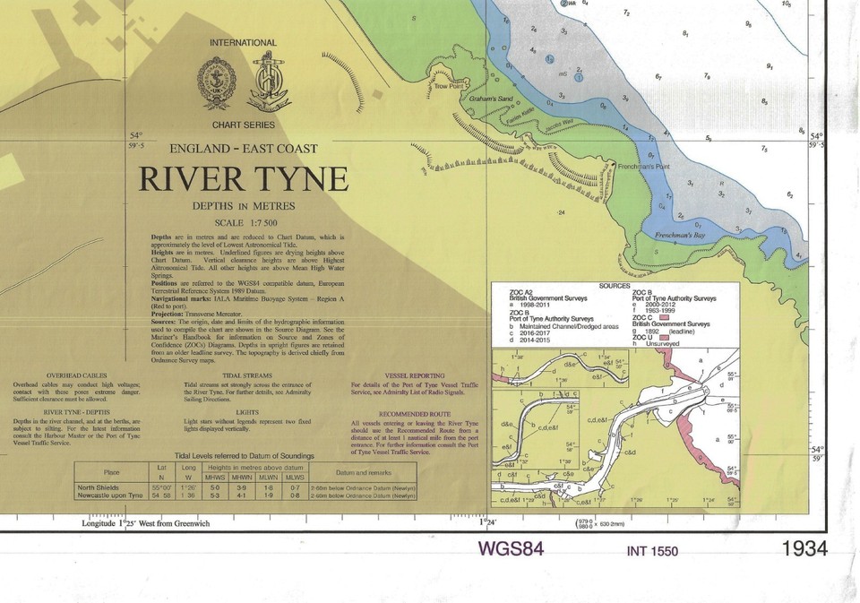 1934 River Tyne England East Coast Marine Map Nautical Chart Paper Wal ...
