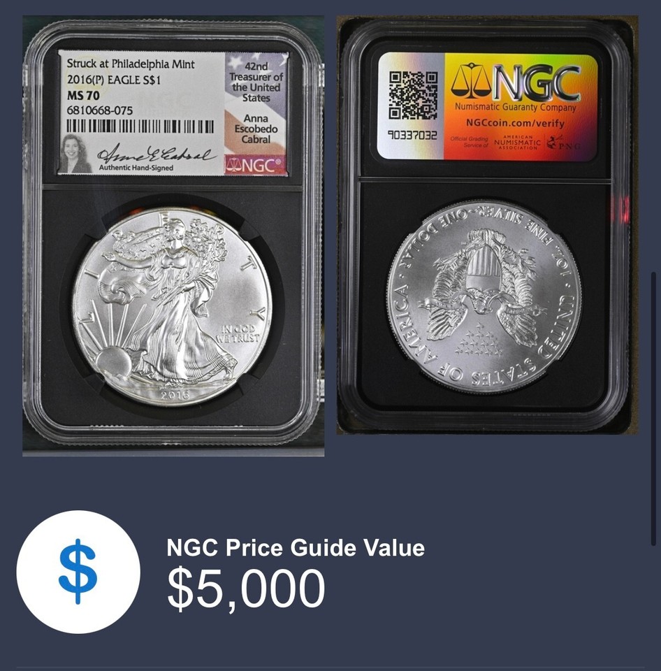 2016 (P) SILVER EAGLE NGC MS70 ANNA CABRAL SIGNED STRUCK AT ...