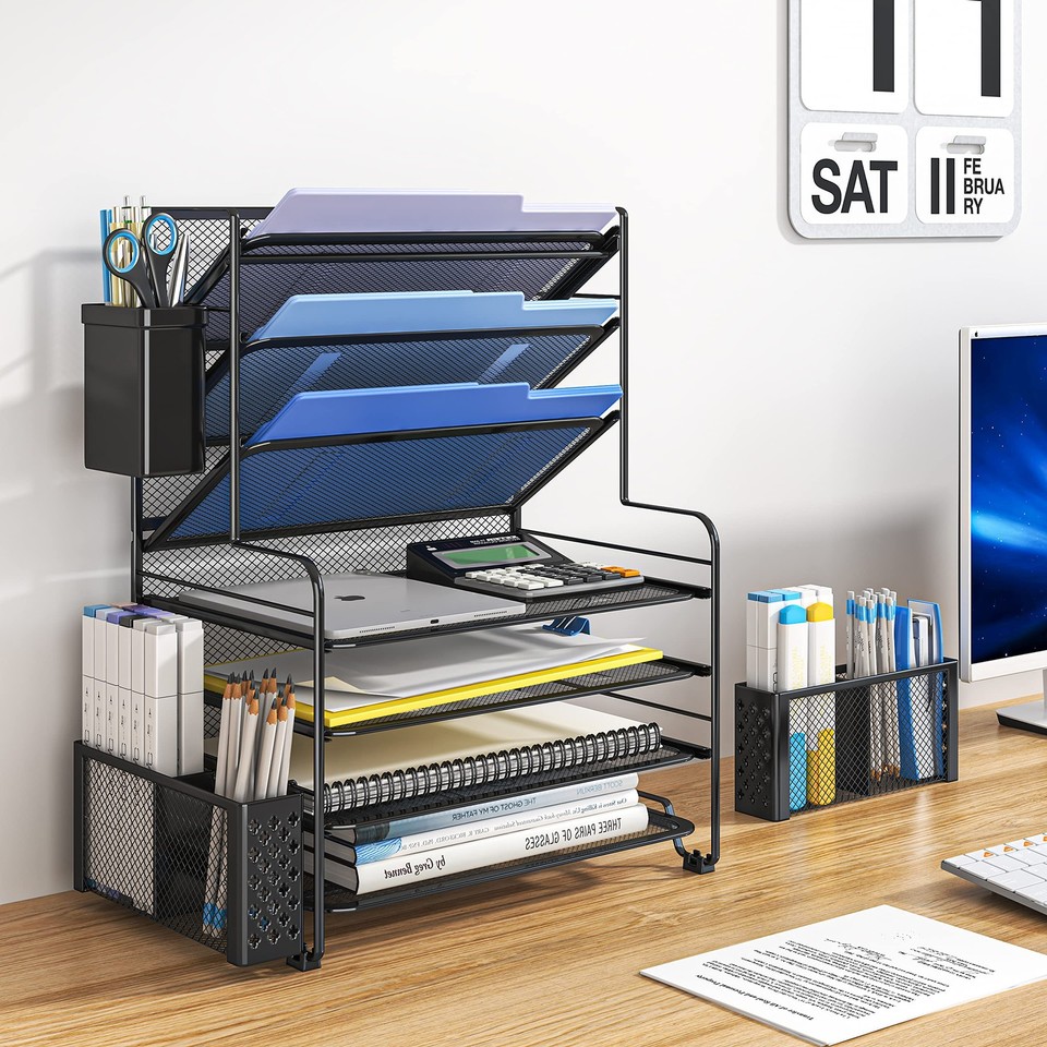 7 Tier Desk File Organizer, Letter Tray Paper Organizer with Pen Holder ...