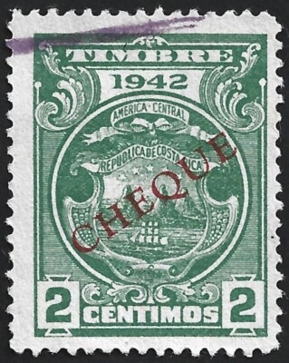 (AOP) Costa Rica 1940 2c green revenue stamp overprinted red "CHEQUE ...