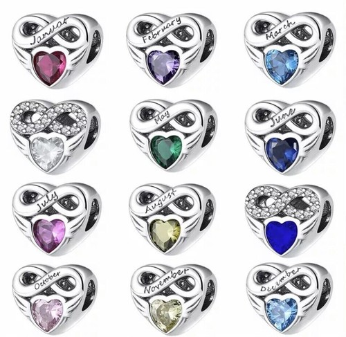 925 Sterling Silver month Birthstone heart Charms birthday gift for ...