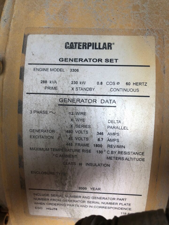 230 kW CAT Generator, Diesel, 2000, 5510 Hours, 3300 Series, Serial ...