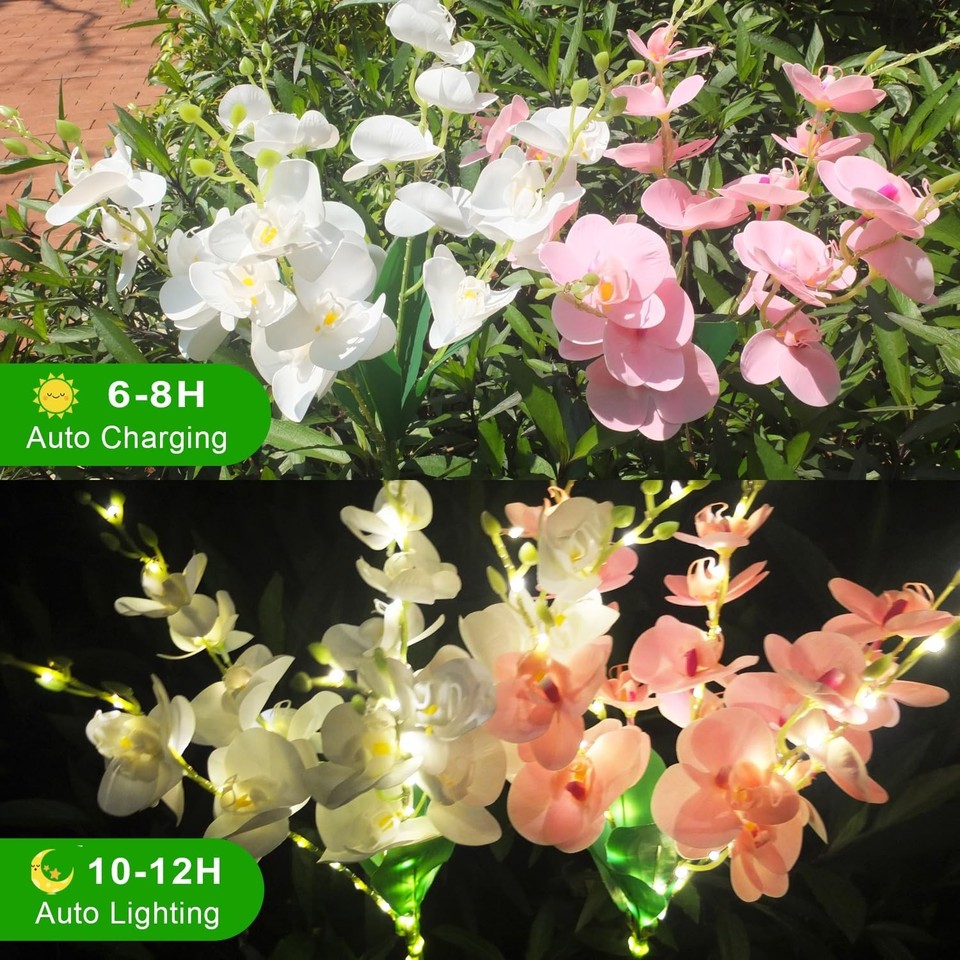 Solar Flower Lights, 2 Pack Solar Flowers with Pink & White Orchids ...