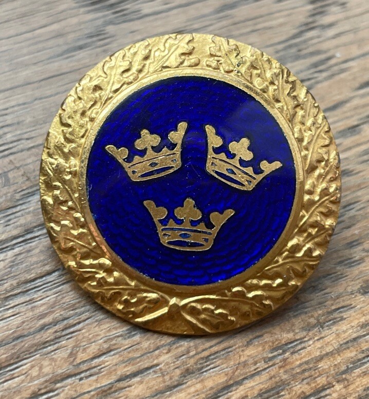 Vintage Blue Enamel Swedish Three Crown Brooch - Gem