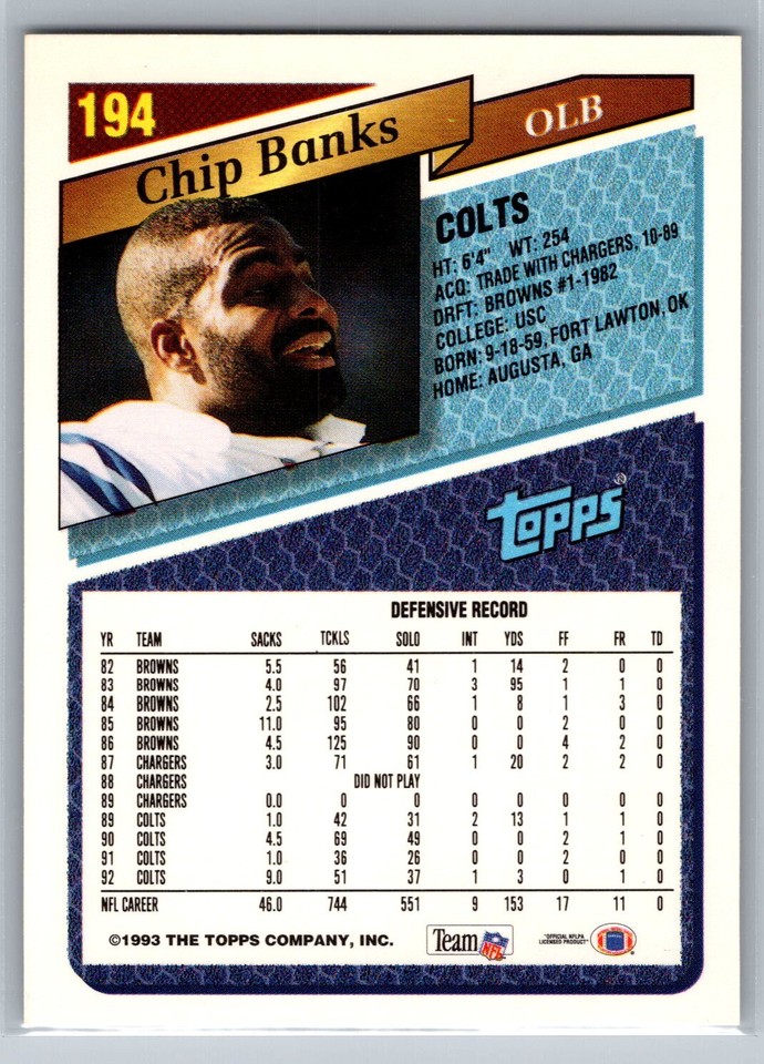 1993 Topps Gold Football #194 Chip Banks Indianapolis Colts | eBay