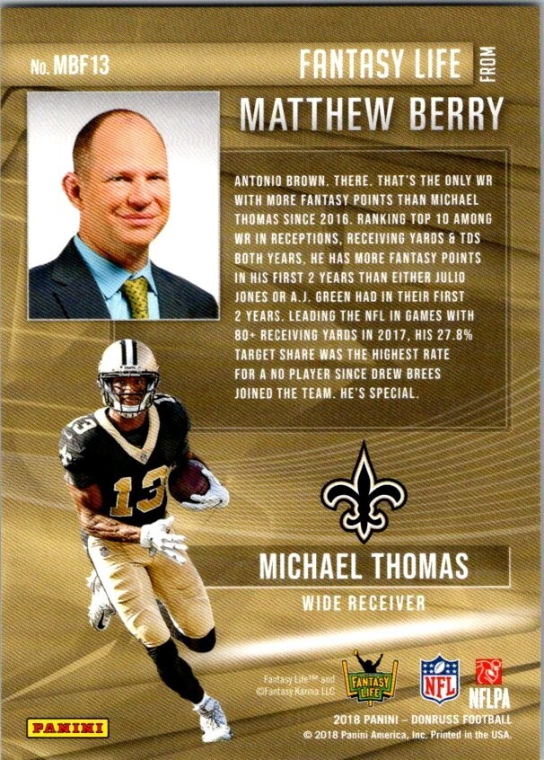 2018 Donruss Matthew Berrys Fantasy Life #MBF-13 Michael Thomas Saits ...