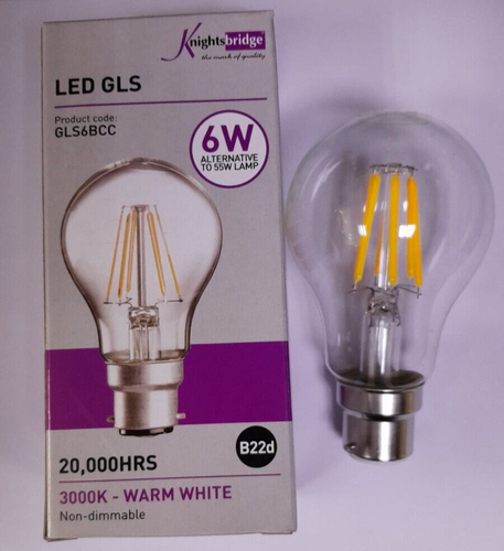 1x 6W Knightsbridge Clear LED Filament GLS BC B22 Bayonet Cap Light ...