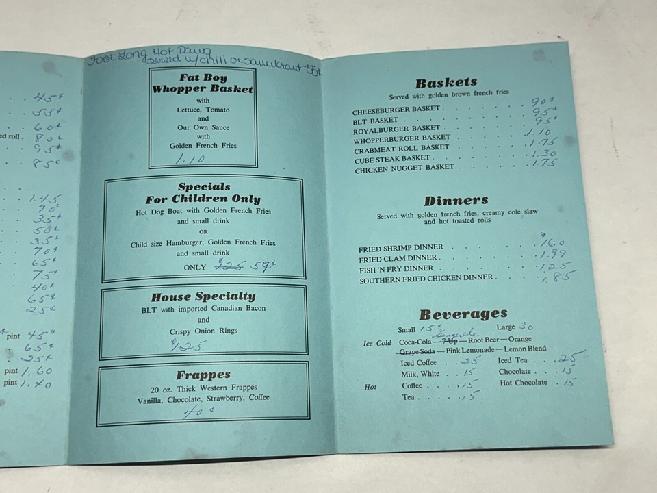 Vintage 1970s Restaurant Menu - "Fat Boy" Whopper Burger, Foot Long Hot ...