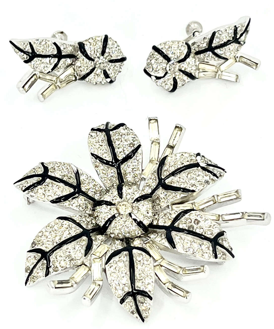 Signed Halbe pave 2pc set black enamel Rhinestone flower brooch pin and ...