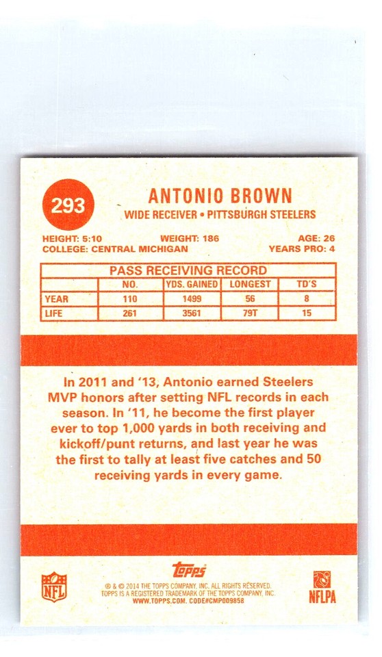 2014 Topps Football Red Mini Parallel #293 Antonio Brown Pittsburgh ...