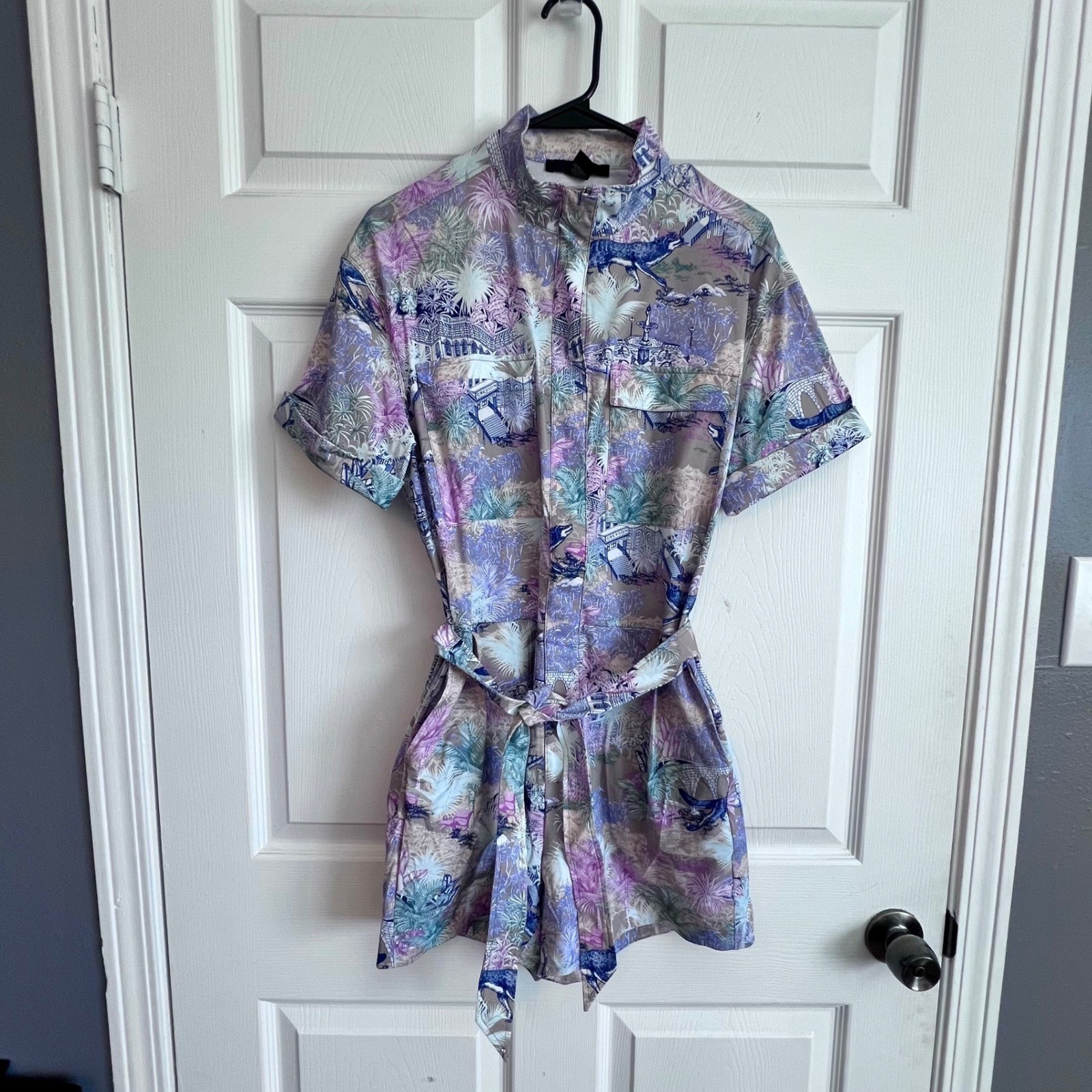 Greyson Evren Print Short Sleeve Romper Zip Front Tie Waist ...