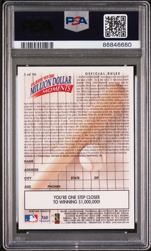 PSA 9 MINT 1997 FLEER BABE RUTH #3 YANKEES MILLION DOLLAR MOMENTS HOF ...