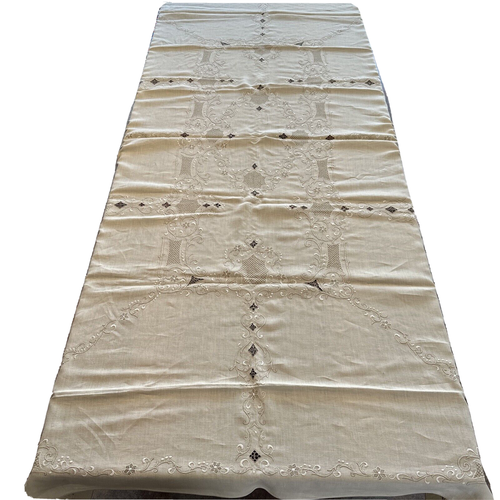 Embroidered Natural Linen Tablecloth Cutwork Lace White Ecru 66x100 ...