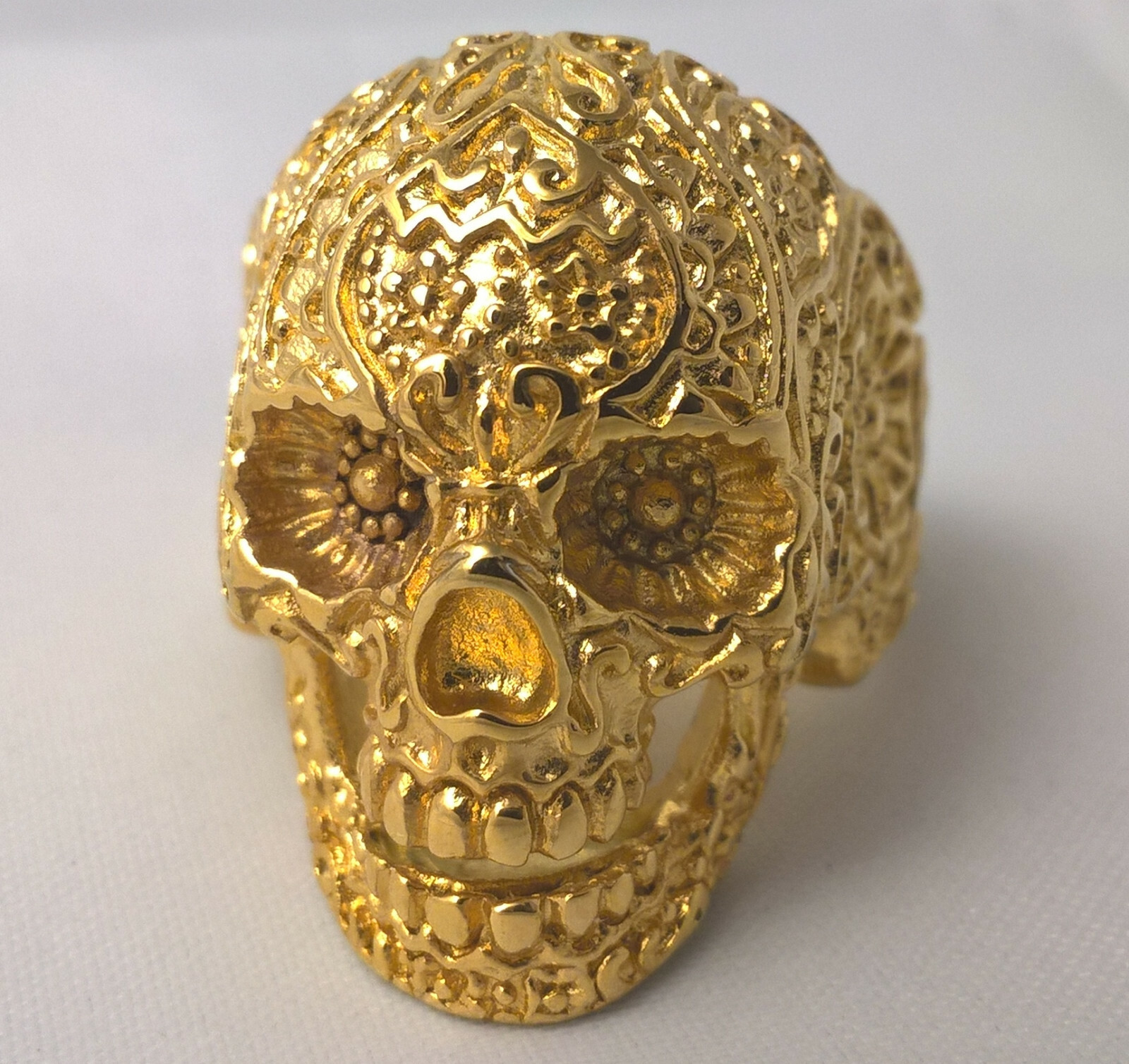 G-Filled 18k yellow gold skull Men's ring gothic bikie heavy 20 grams ...