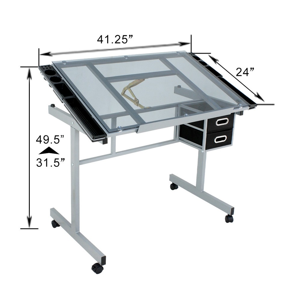 Drafting Table on Wheels Adjustable Glass Tabletop Drawing Desk w ...