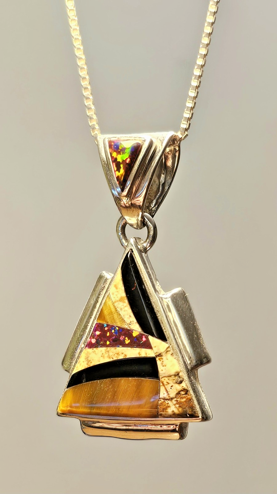 Calvin Begay Inlay Triangle Pendant, Sterling Silver, Tiger's Eye, Opal ...
