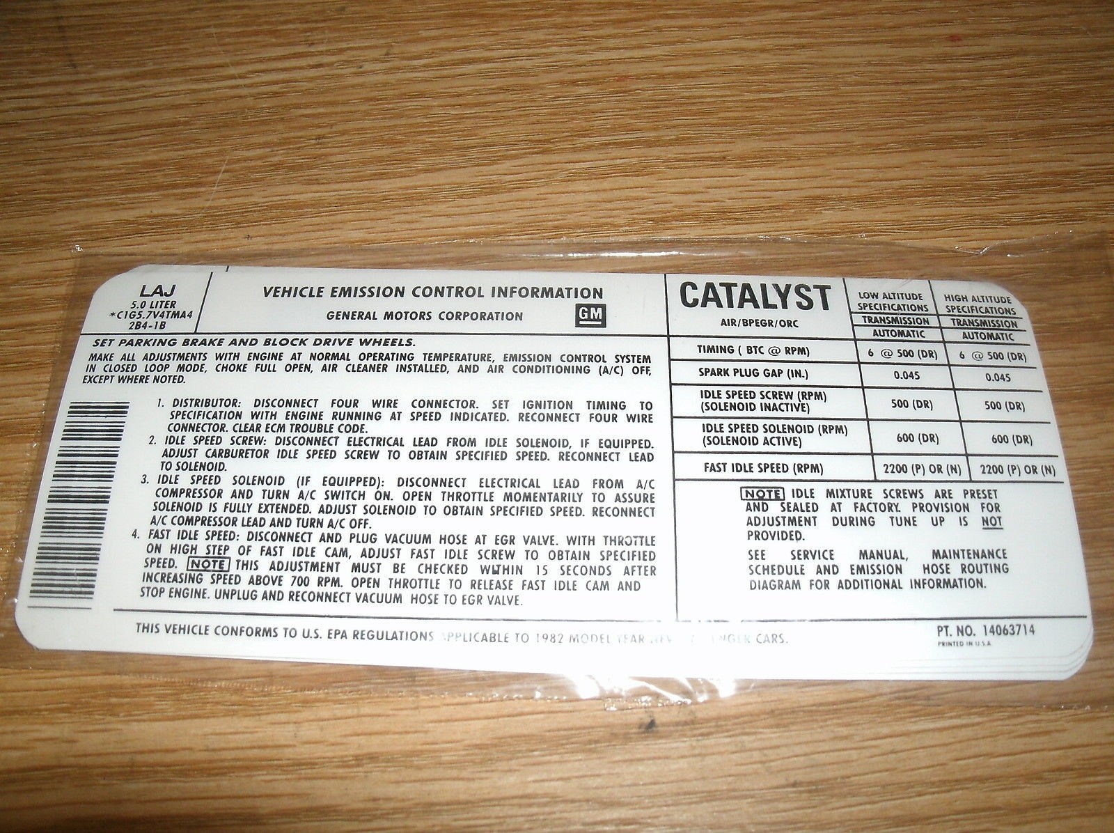 1982 PONTIAC FIREBIRD TRANS-AM GRAND PRIX 5.0 5.0L ENG EMISSIONS DECAL ...