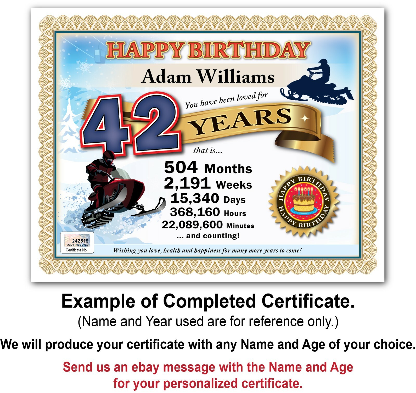 PERSONALIZED HAPPY BIRTHDAY CERTIFICATE - Snowmobile Card - GREAT GIFT ...