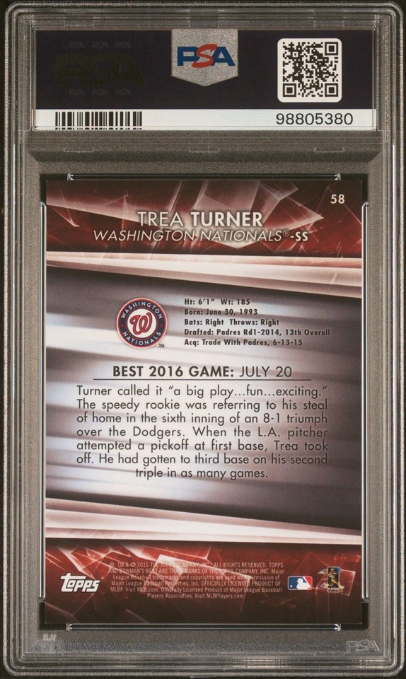 Trea Turner 2016 Bowman’s Best 58 BLUE REFRACTOR RC /250 PSA 10 Gem Mint POP 4 | eBay